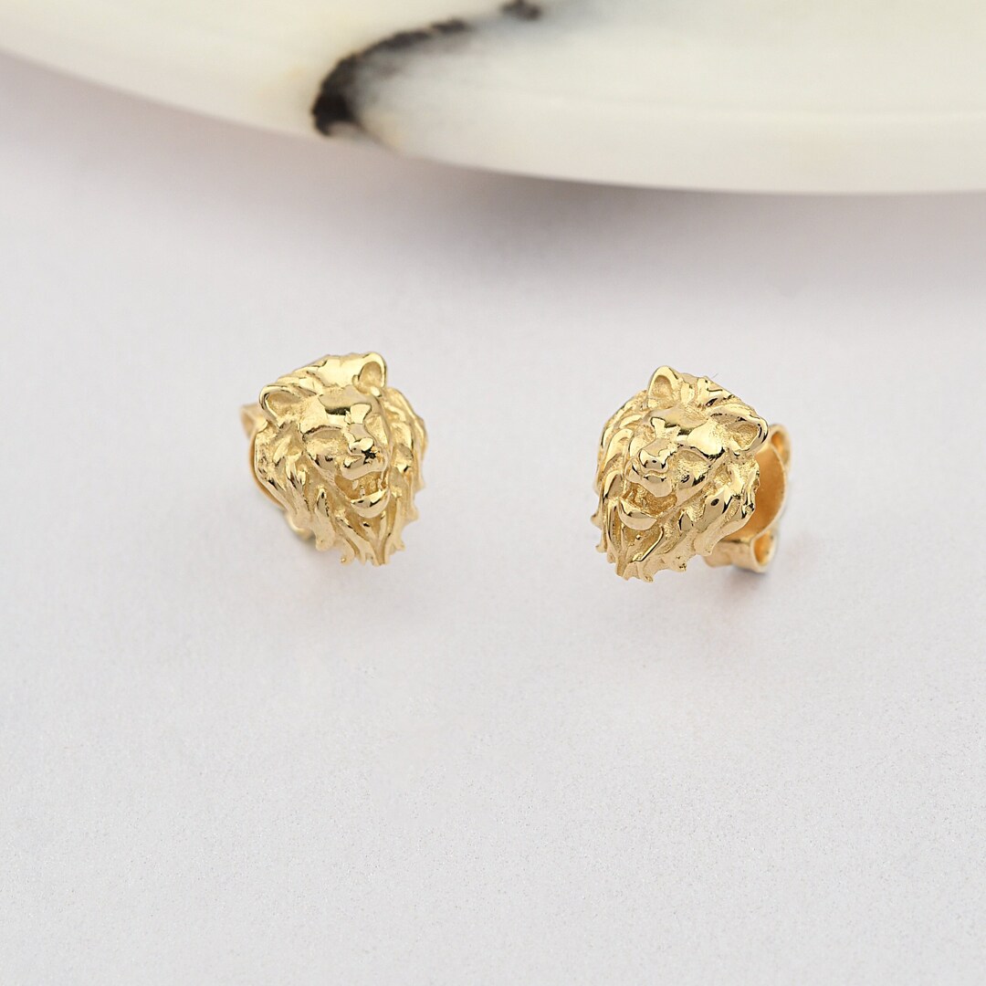 14K Gold Lion Earrings, Lion Gold Earrings, Lion Symbol Earrings, Lion ...