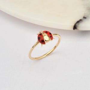 14K Gold Ladybug Ring With Enamel, Gold Ladybug Ring, Ladybird Ring ...