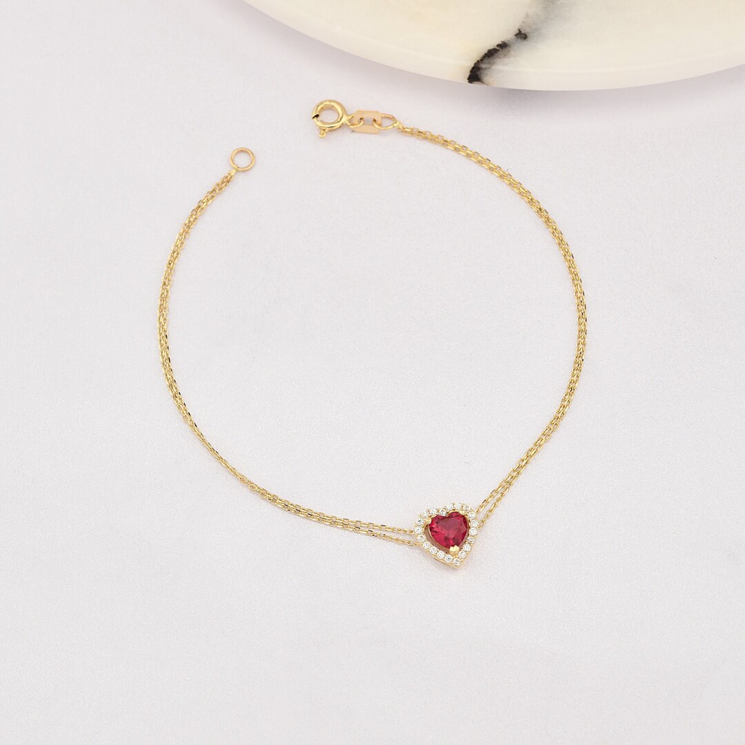 14K Gold Ruby Heart Bracelet, Gold Heart Bracelet, Ruby Bracelet, Heart ...