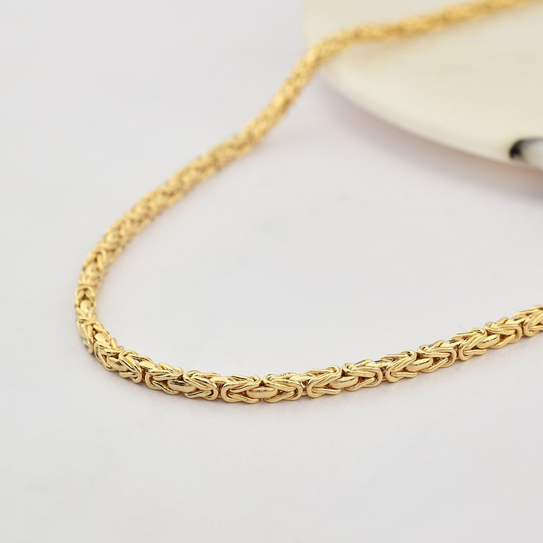 14K Real Gold Byzantine Flat Chain Necklace, Gold King Chain Necklace ...