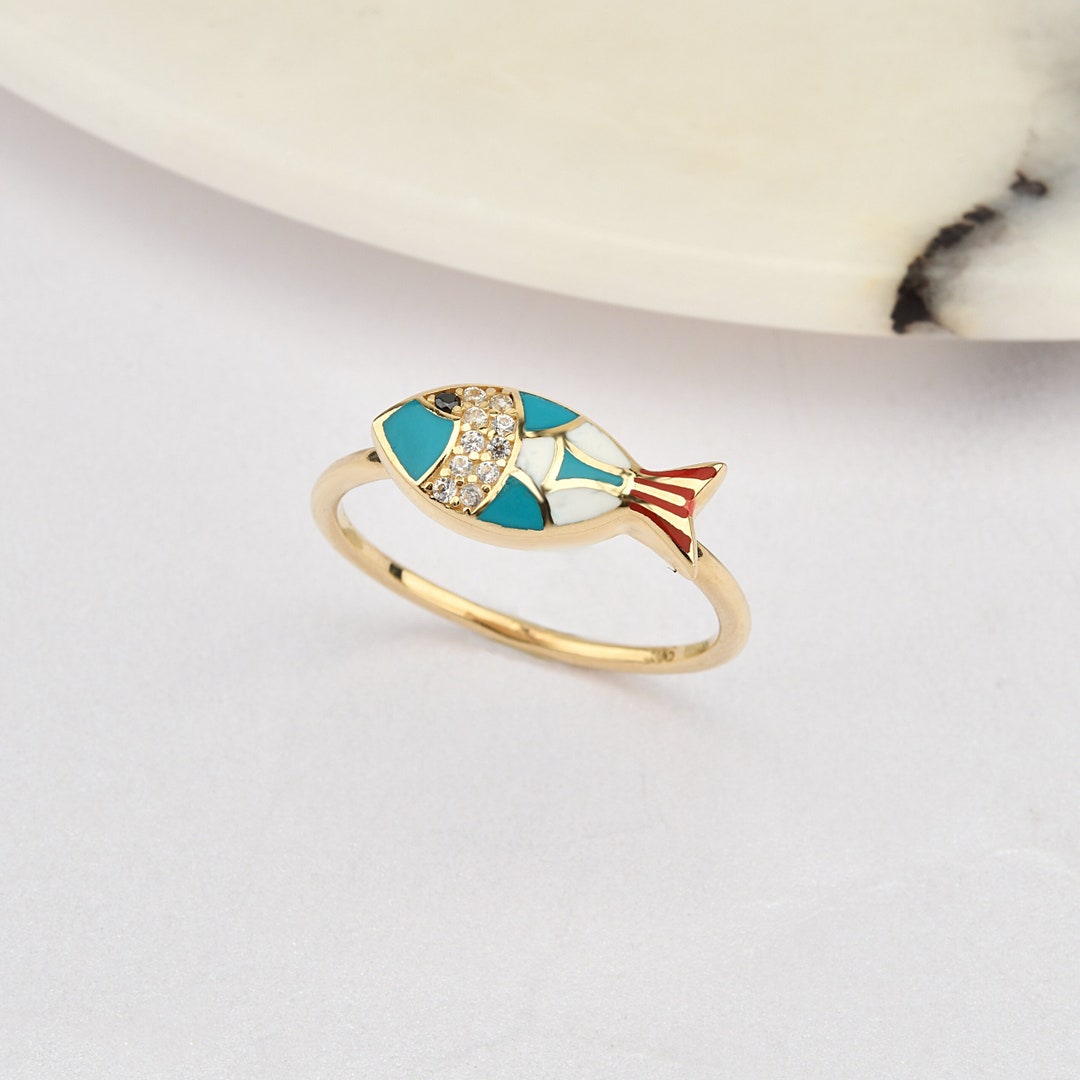 14K Gold Fish Ring With Enamel, Gold Fish Ring, Animal Ring, Lucky Fish ...