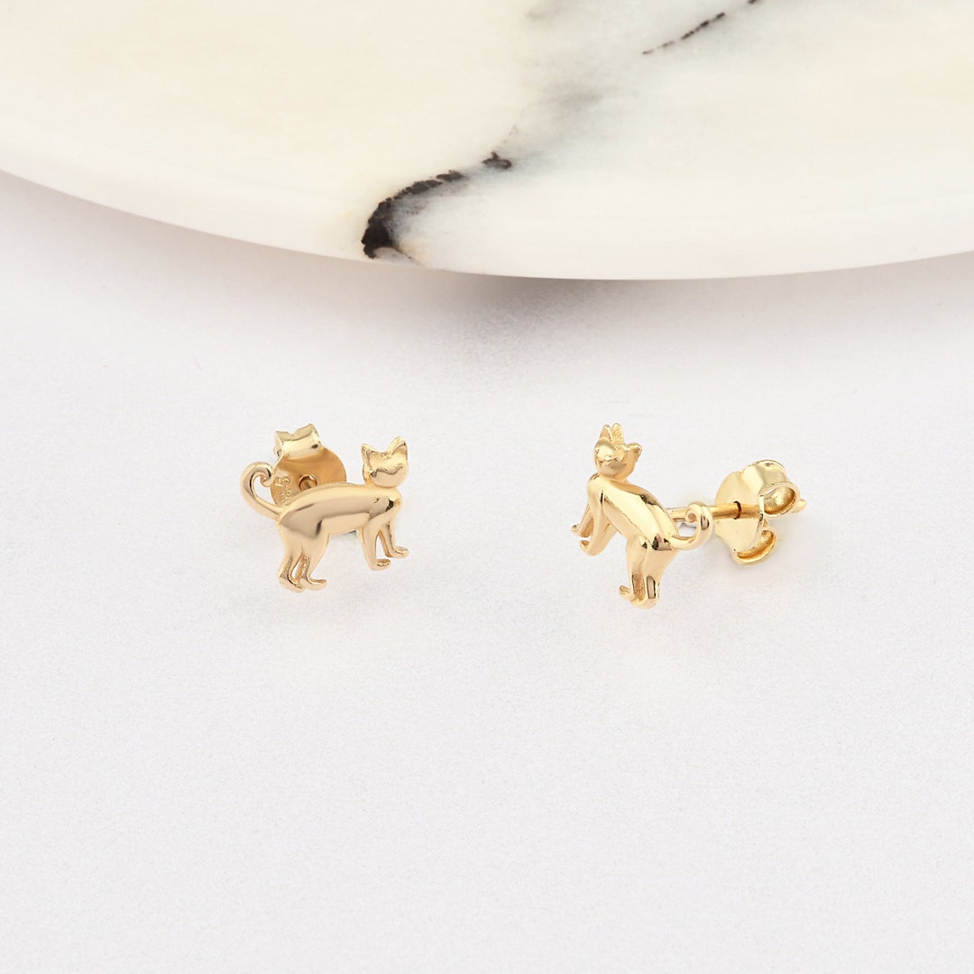 14K Gold Cat Earrings, Cat Gold Earrings, Cat Symbol Earrings, Cat ...