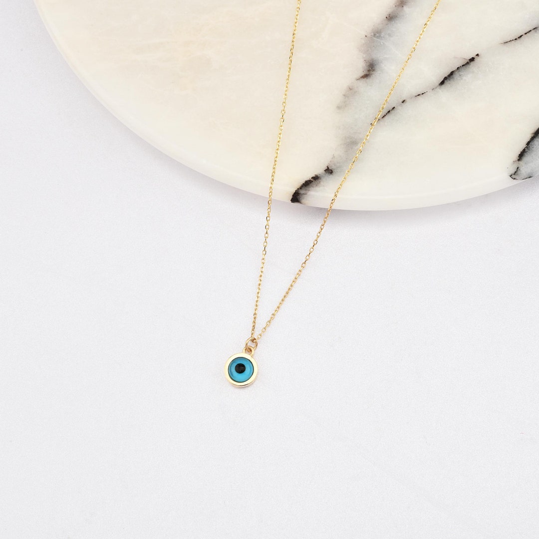 14K Gold Tiny Evil Eye Necklace, Gold Evil Eye Necklace, Evil Eye Charm ...