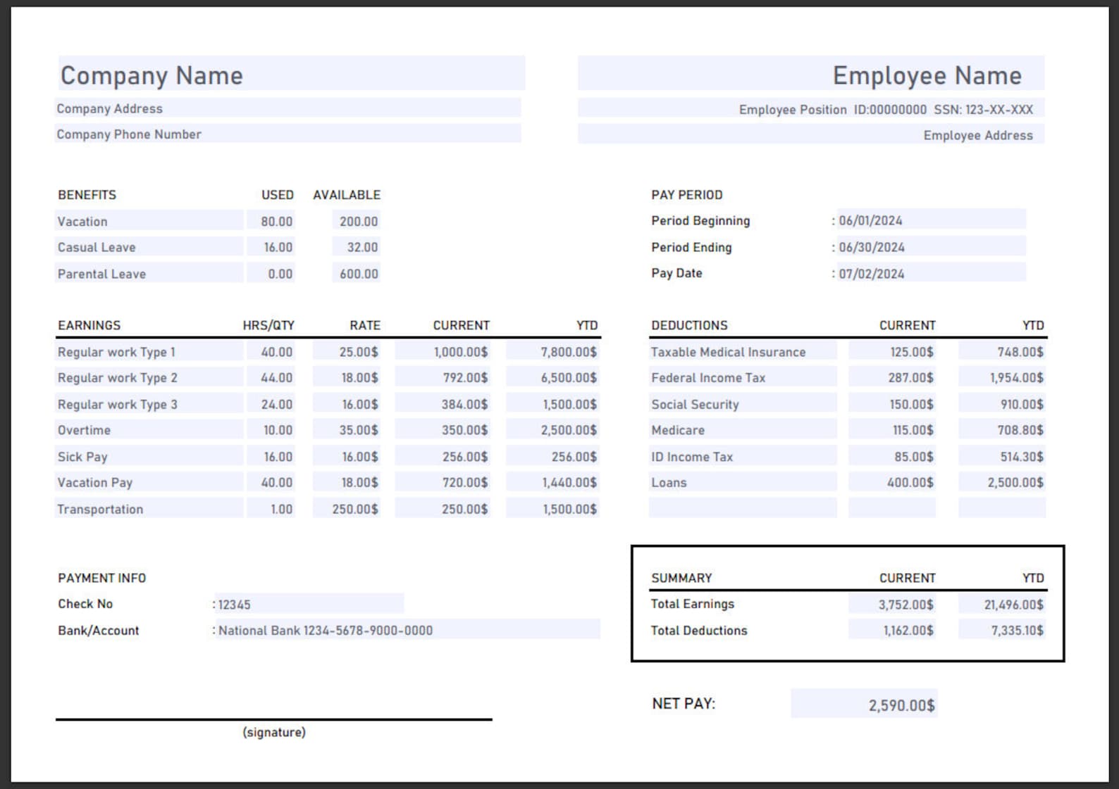 Pay Stub Template Fillable Earnings Statement Employee Pay Stub Payroll ...