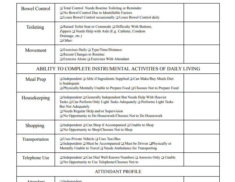Home Care Client Intake Form Non-medical Care Assessment Client ...