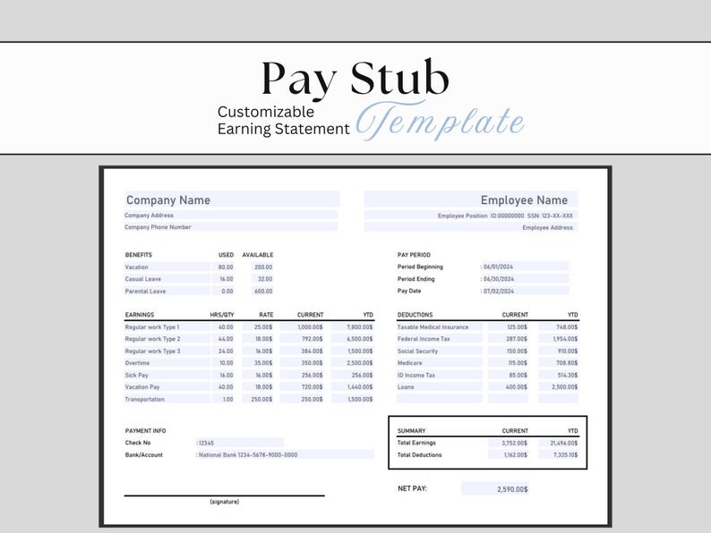 Pay Stub Template Fillable Earning Statement Employee Pay Stub Payroll ...