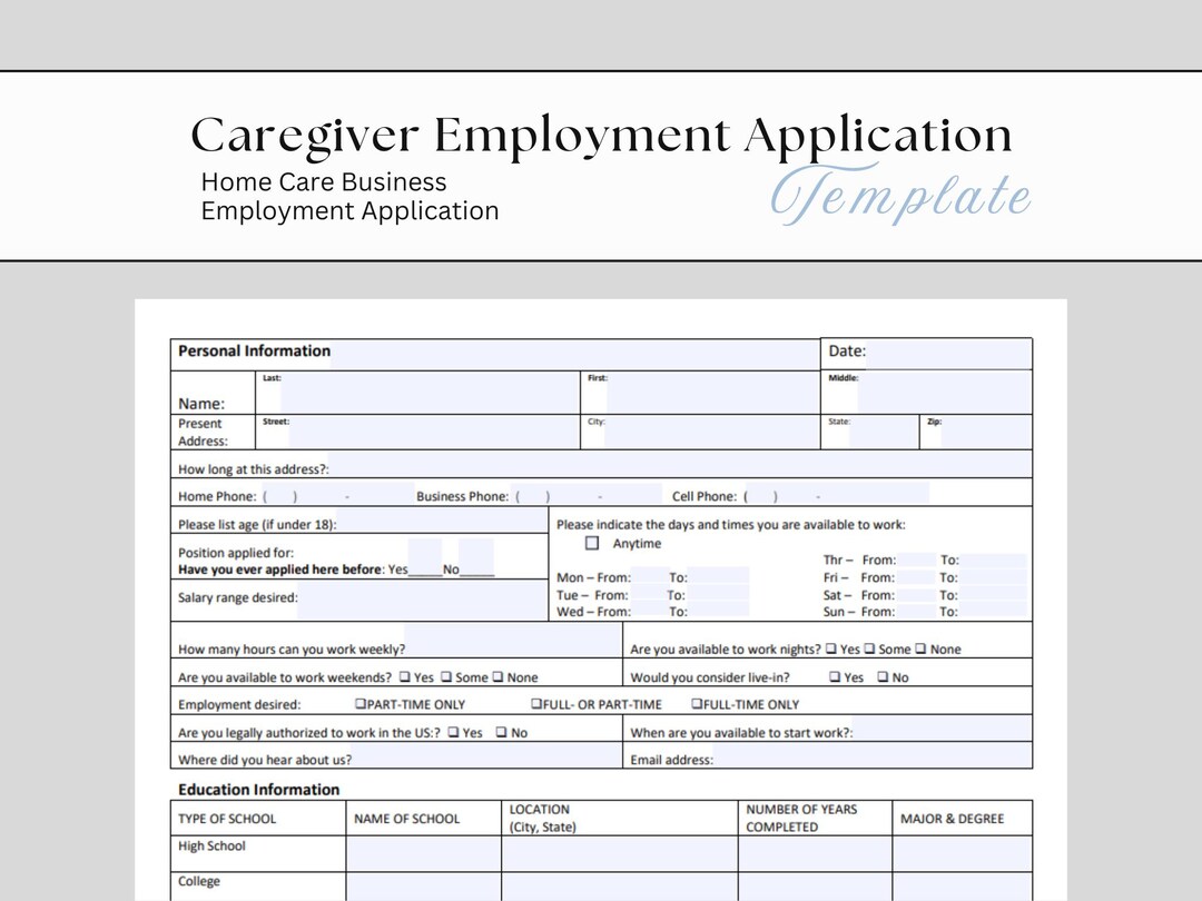 Caregiver Employment Application Home Care Business Caregiver ...