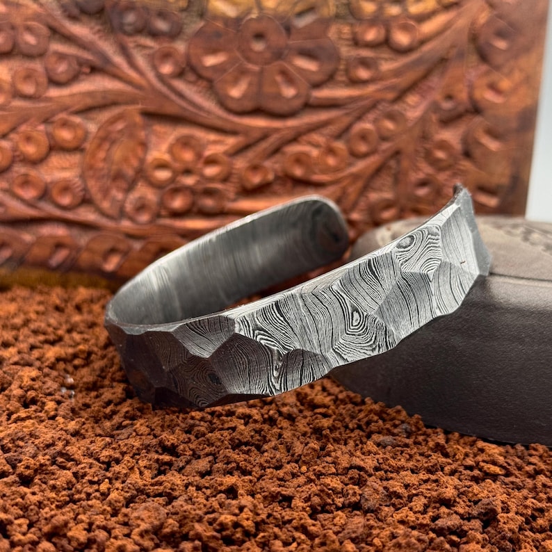 Hand Forged Damascus Steel Cuff Bracelet: Hammered Viking Bangle - Etsy