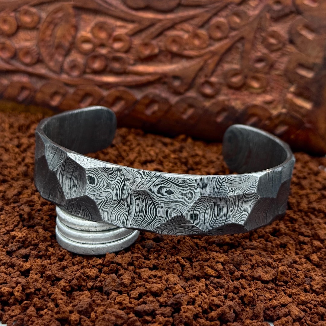 Hand Forged Damascus Steel Cuff Bracelet: Hammered Viking Bangle - Etsy