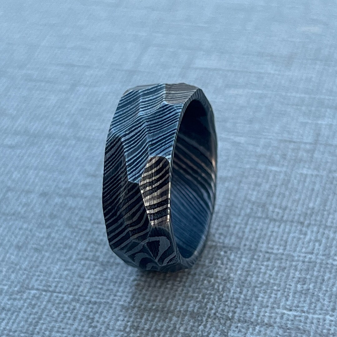 Handmade Damascus Steel Ring: Hammered Rock Finish, 8mm Wedding Band - Etsy