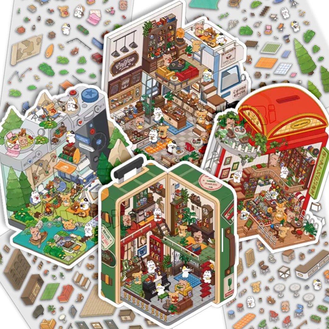 3D Deco Scenes 2-4 Sets, DIY Isometric Room Stickers, 4 Theme ...