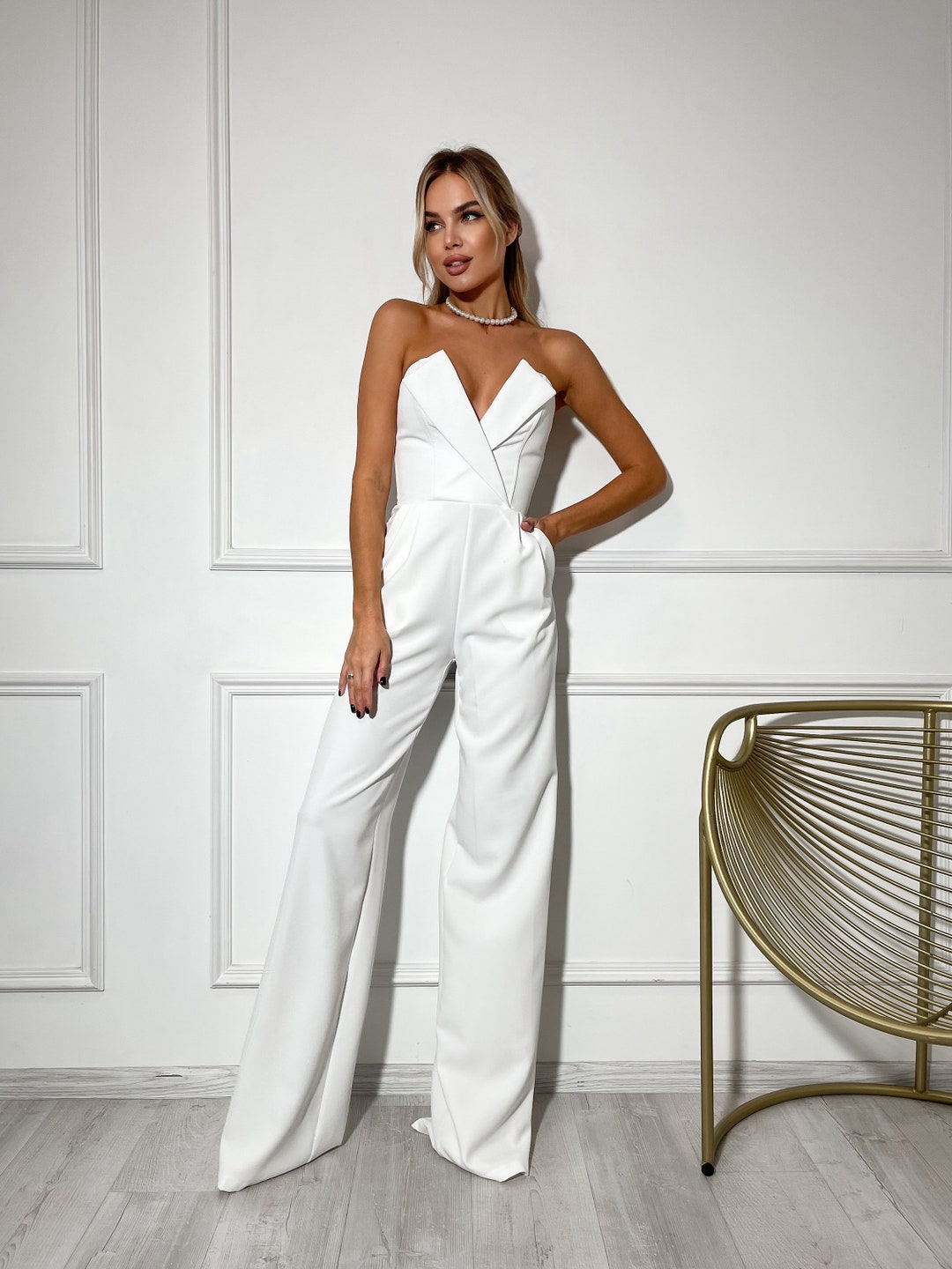 Elegant White Bridal Jumpsuit With Wide Legs | Corset Jumpsuit for ...
