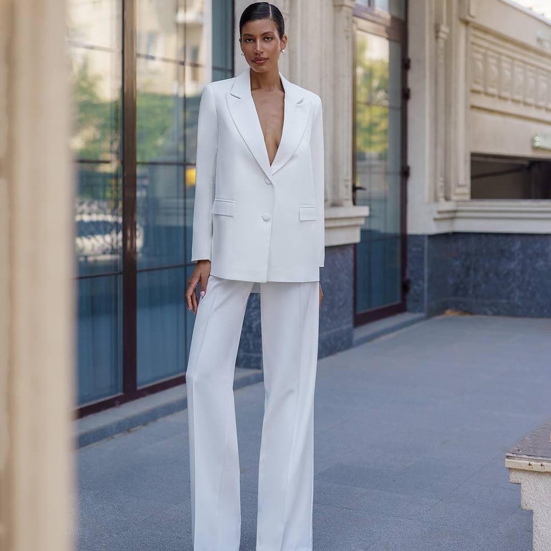 Luxury White Pantsuit With Designer Blazer and Wide-leg Trousers ...