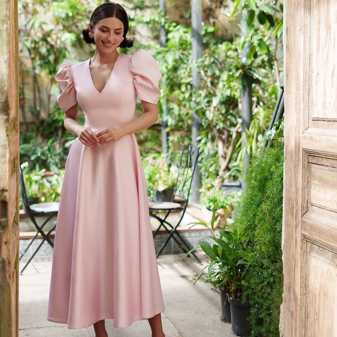 Pink Courthouse Wedding Dress Satin Midi Dress With Puff Sleeves and V ...
