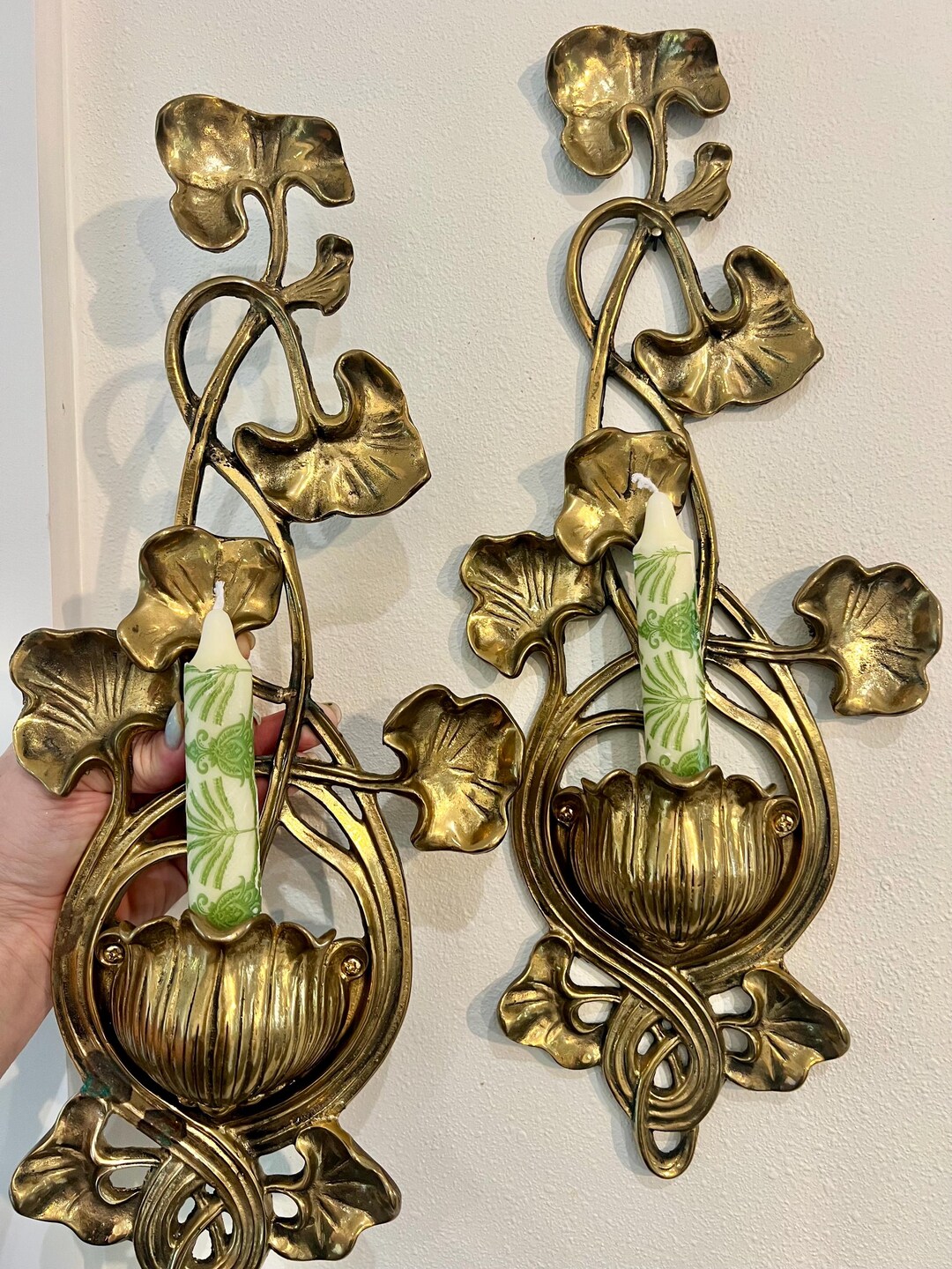 Vintage Brass Wall Sconces, Ginkgo Leaf, Candlestick Holders 17”H X 7”W ...