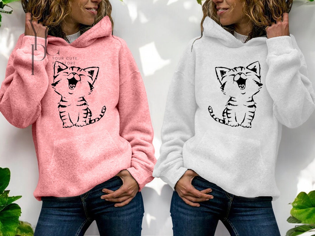 Cute Cat Hoodie With Ears Unisex Casual Pullover, Cute Cat Print ...