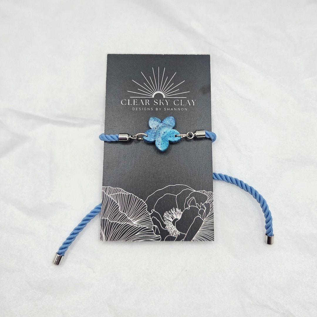 Blue Flower Polymer Clay Charm Nylon Adjustable Bracelet - Handmade ...