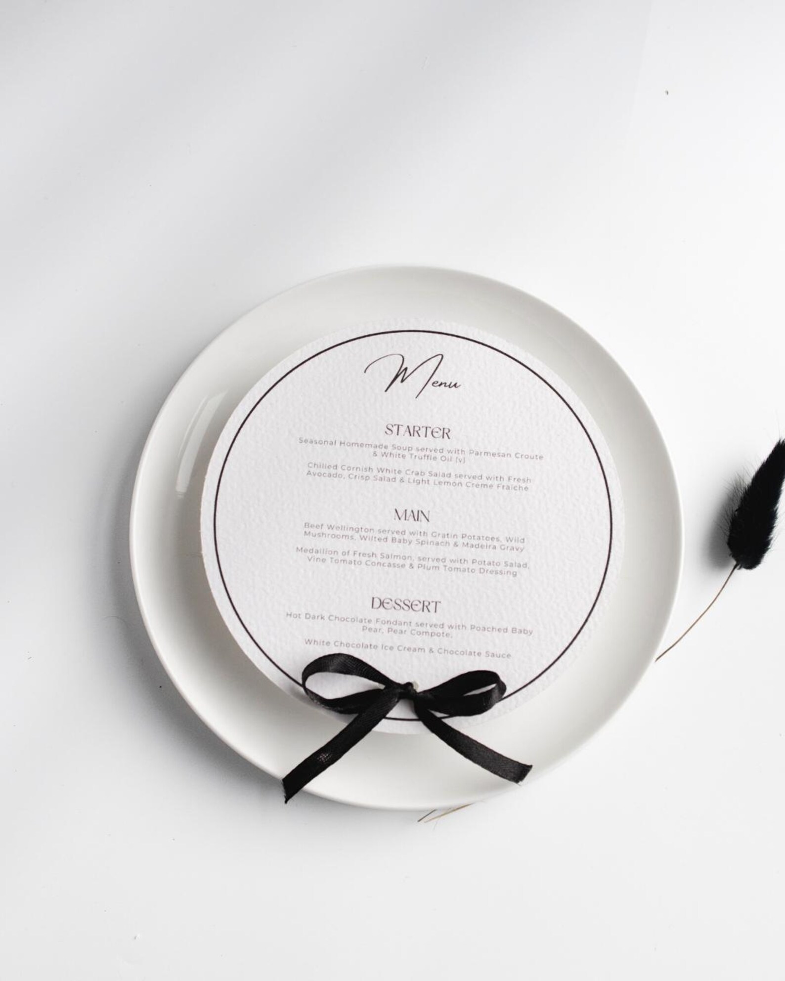 Round Circle Bow Wedding Menu With Name Tag | Black and White Wedding ...