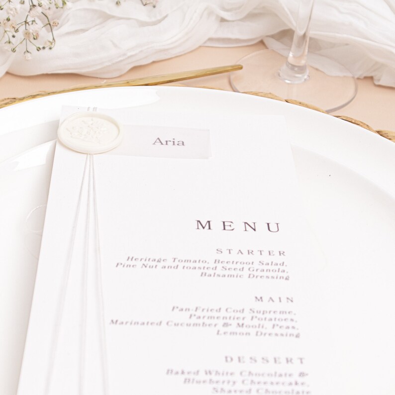 Wax Seal Wedding Menu With Name Tag | White Wedding Menu | Wedding ...