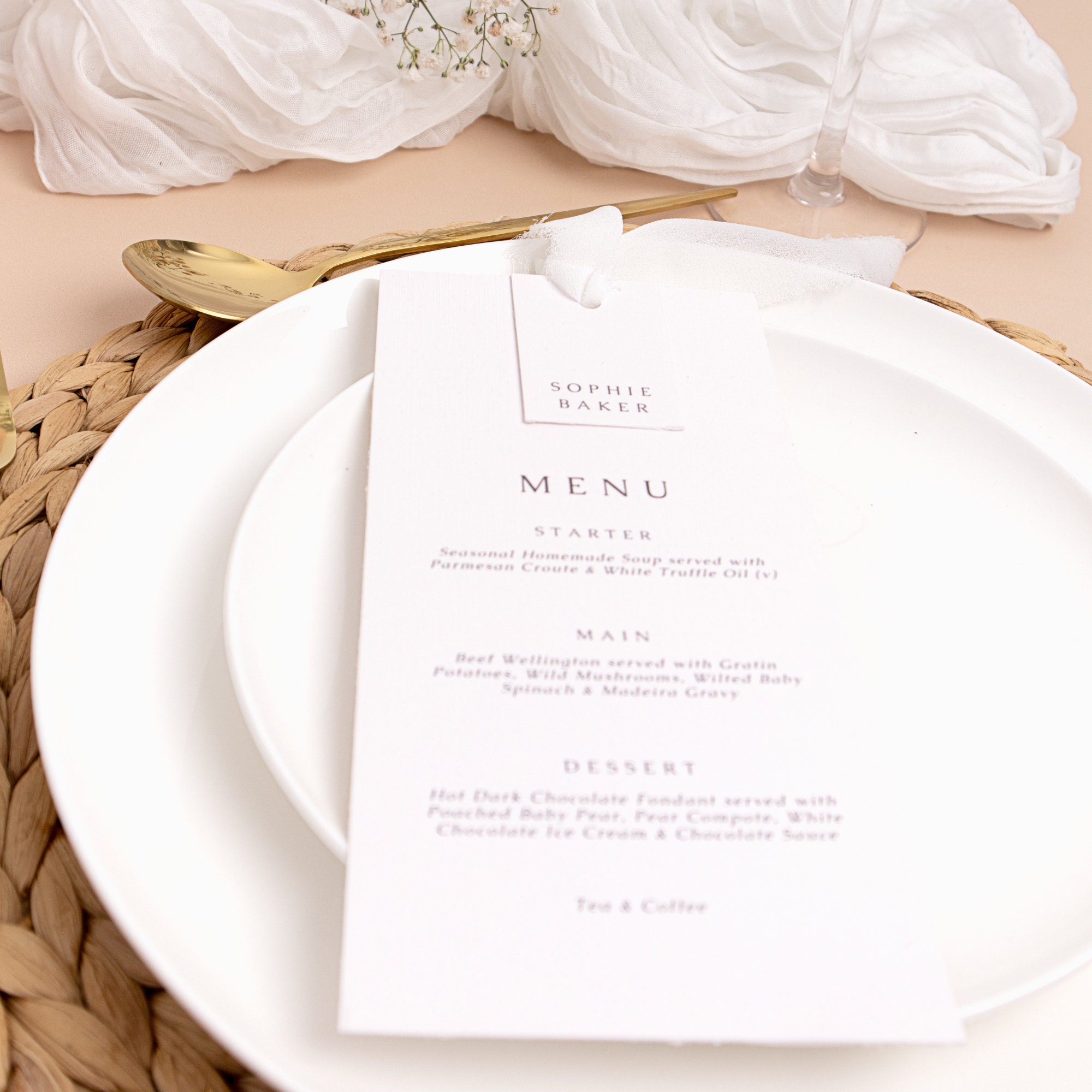 Ribbon Wedding Menu With Name Tag White Wedding Menu Wedding Place Card ...