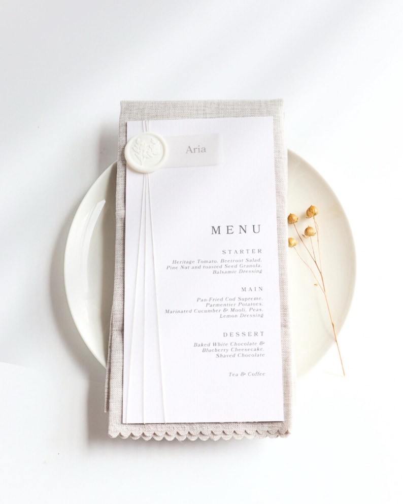 Wax Seal Wedding Menu With Name Tag | White Wedding Menu | Wedding ...