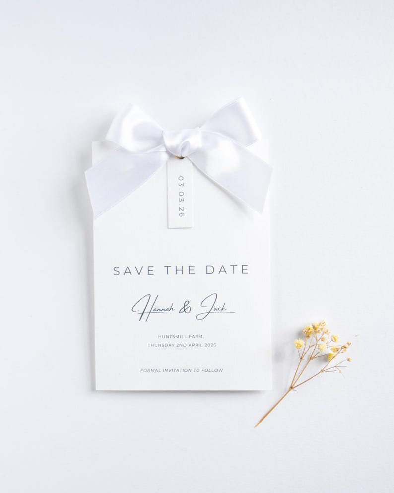 White Ribbon Save the Date Card | Wedding Invitation | White Wedding ...