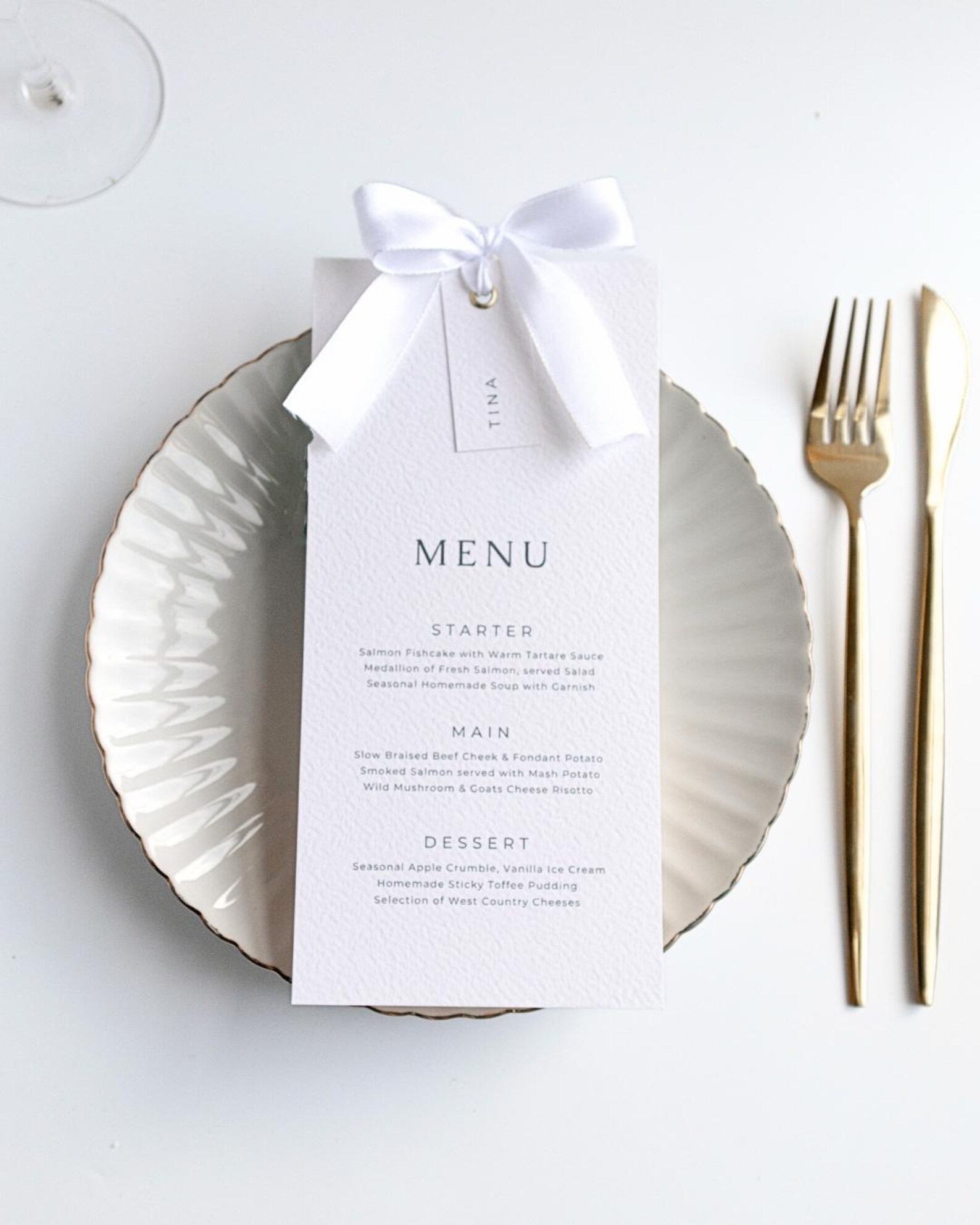 White Ribbon Wedding Menu With Name Tag | White Wedding Menu | Wedding ...