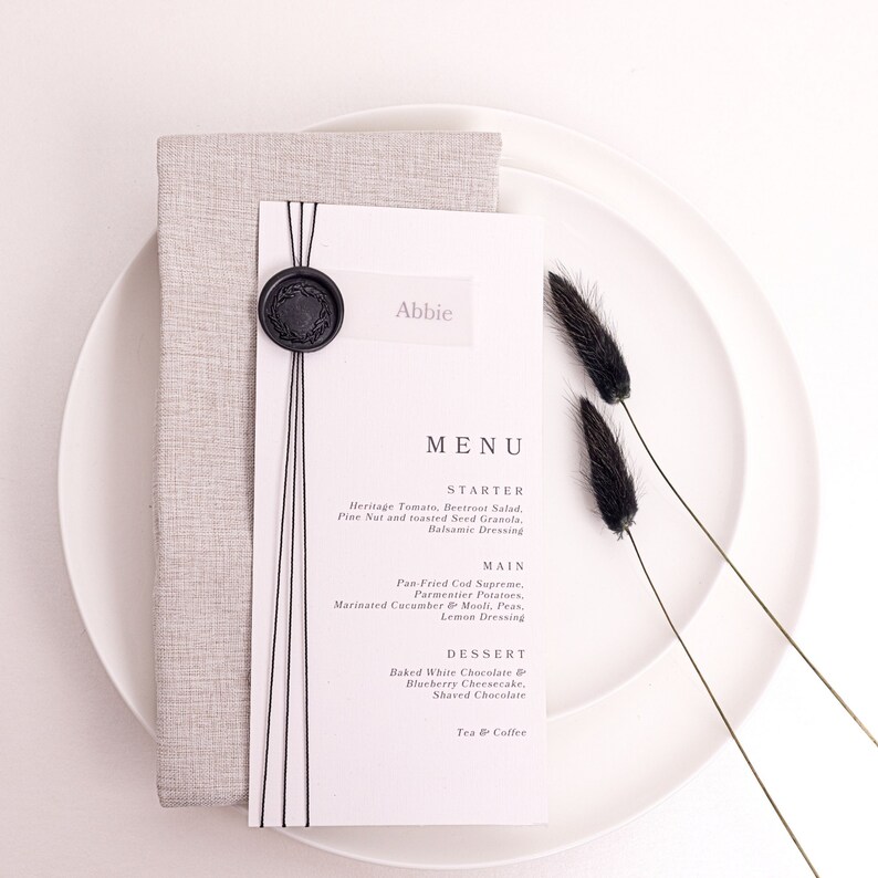 Black and White Wedding Menu With Name Tag Black Wedding Menu Wedding ...