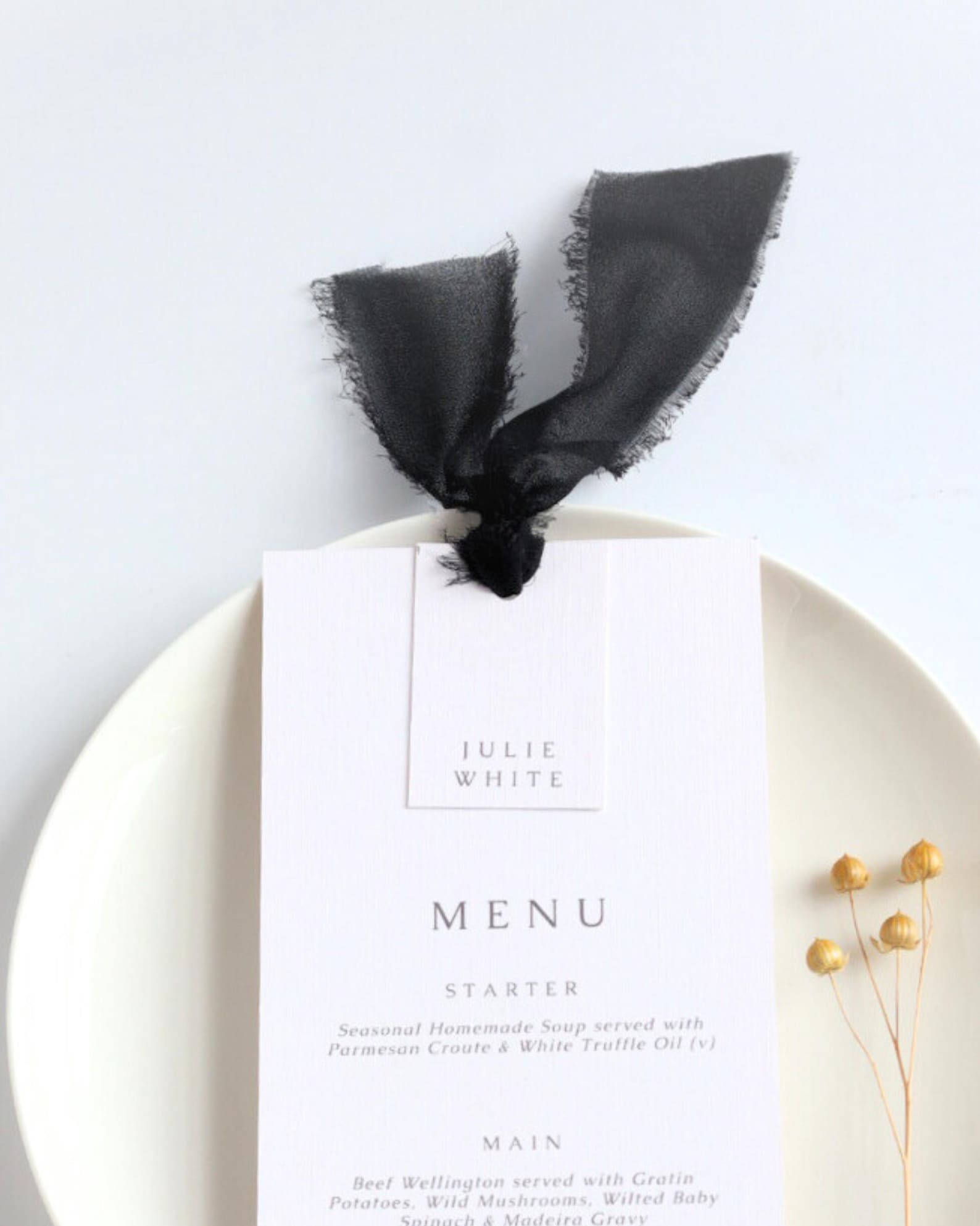 Black Wedding Menu With Name Tag | Ribbon Wedding Menu | Wedding Place ...