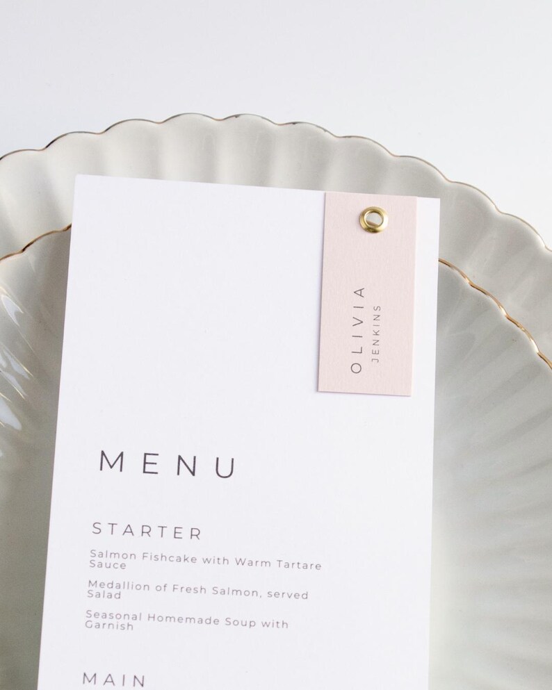 White Wedding Menu With Blush Name Tag – Romantic Menu & Place Card ...