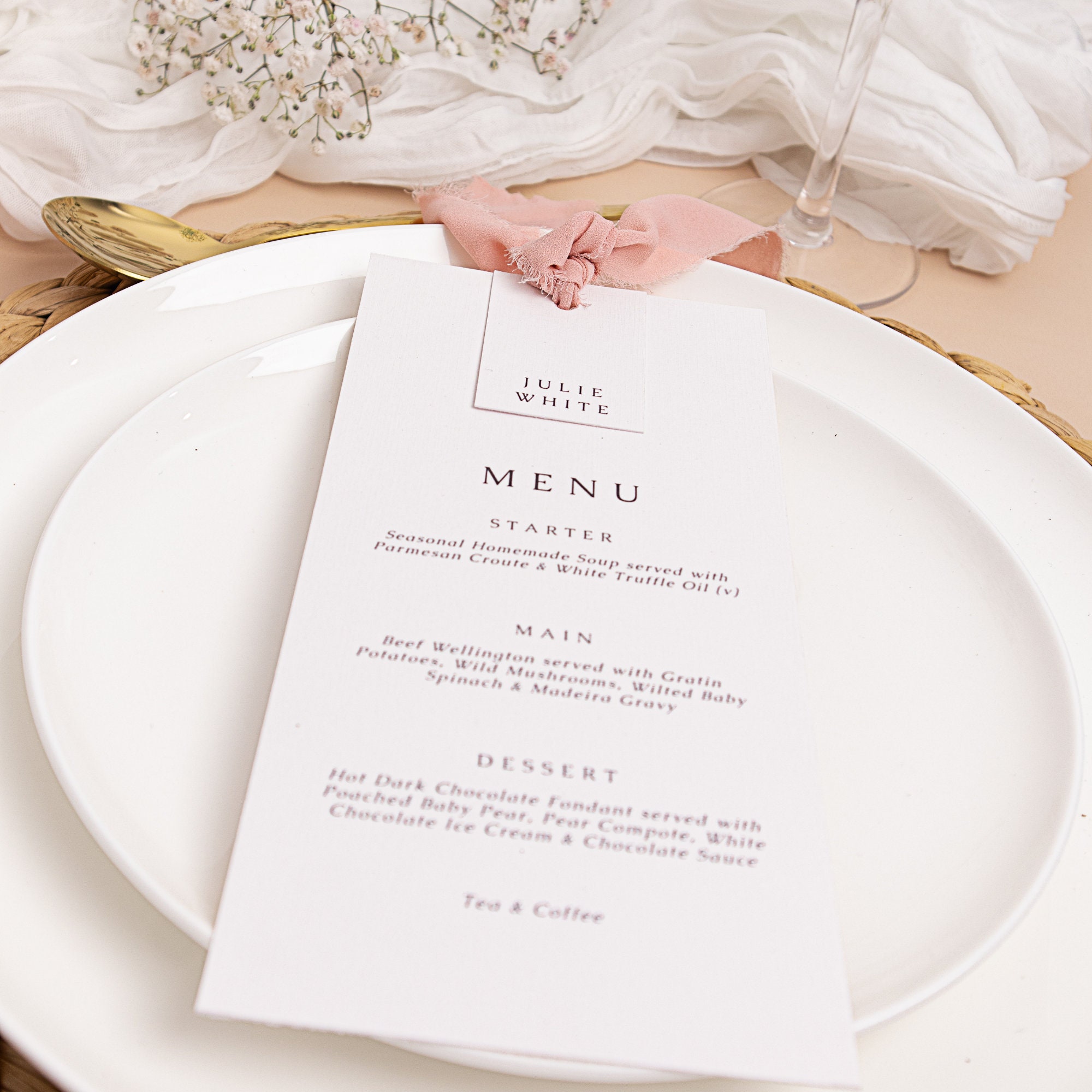 Blush Wedding Menu With Name Tag Ribbon Wedding Menu Wedding Place Card ...