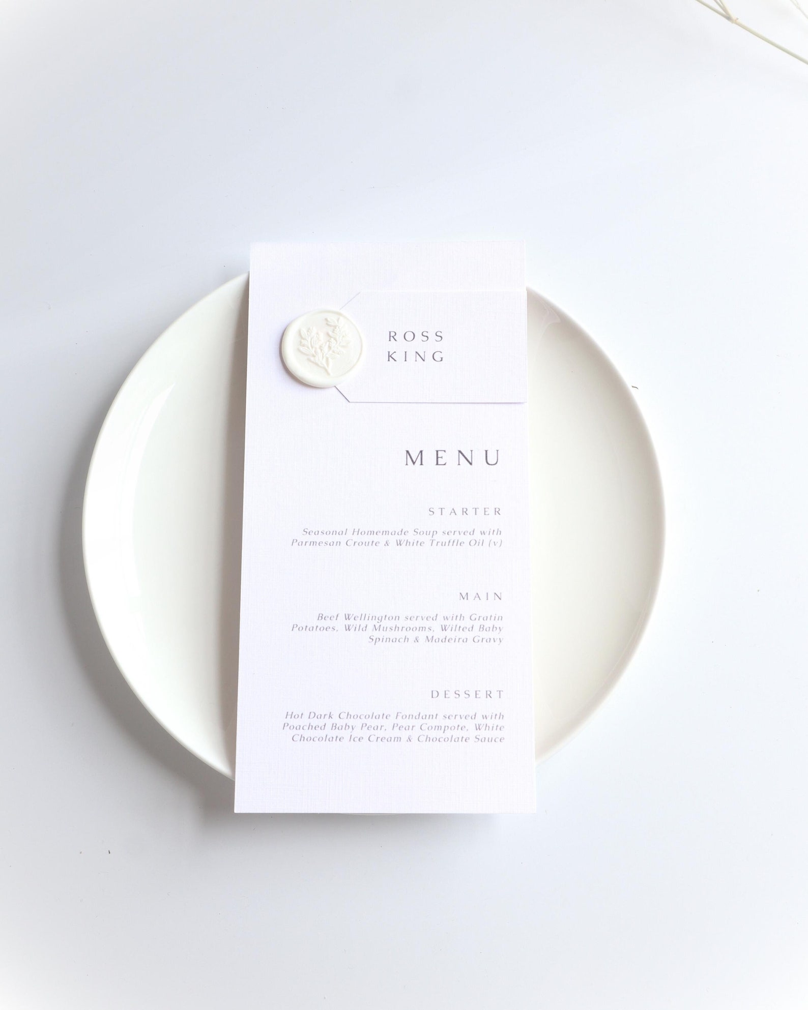 Wax Seal Wedding Menu With Name Tag White Wedding Menu Wedding Place ...