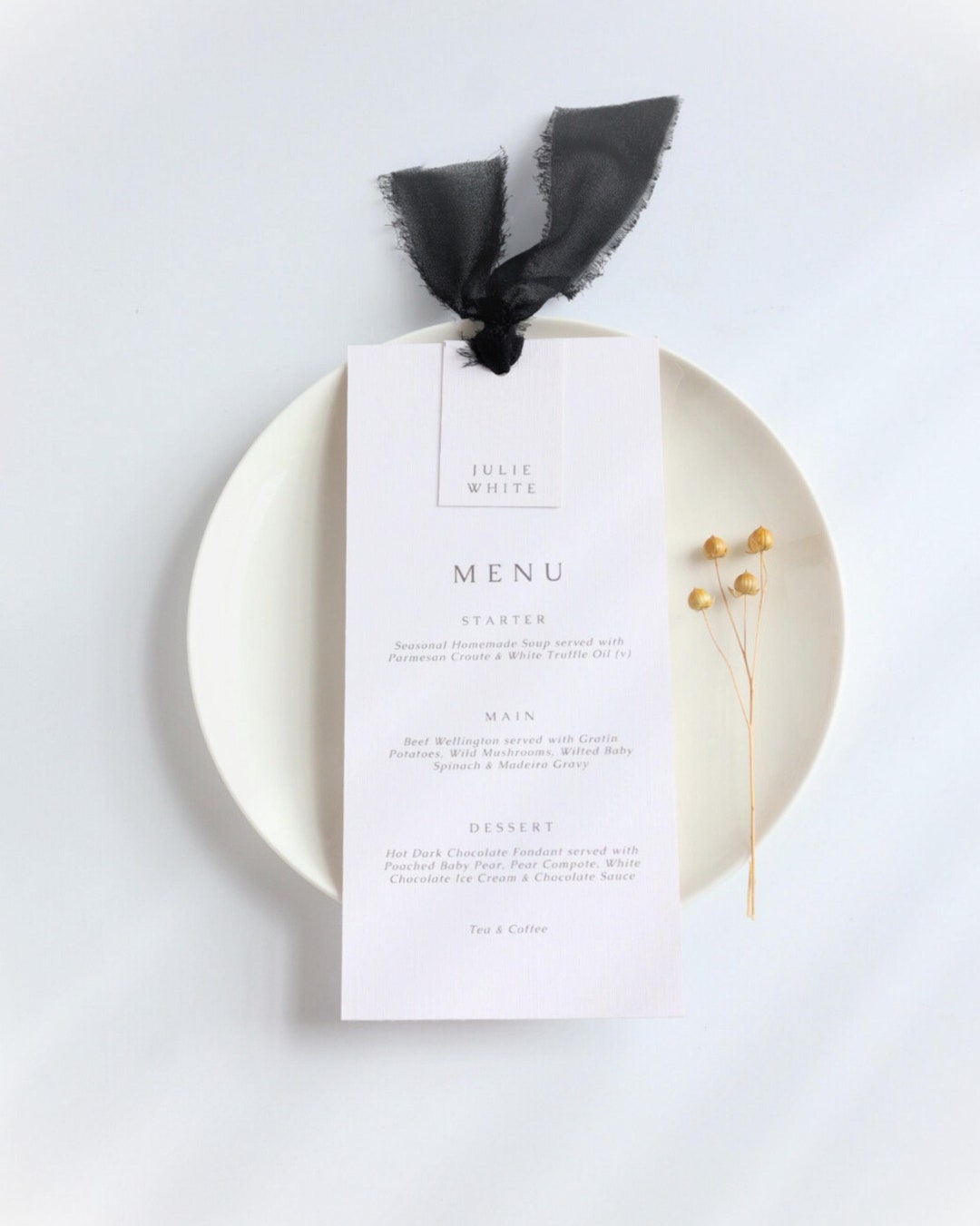 Black Wedding Menu With Name Tag | Ribbon Wedding Menu | Wedding Place ...