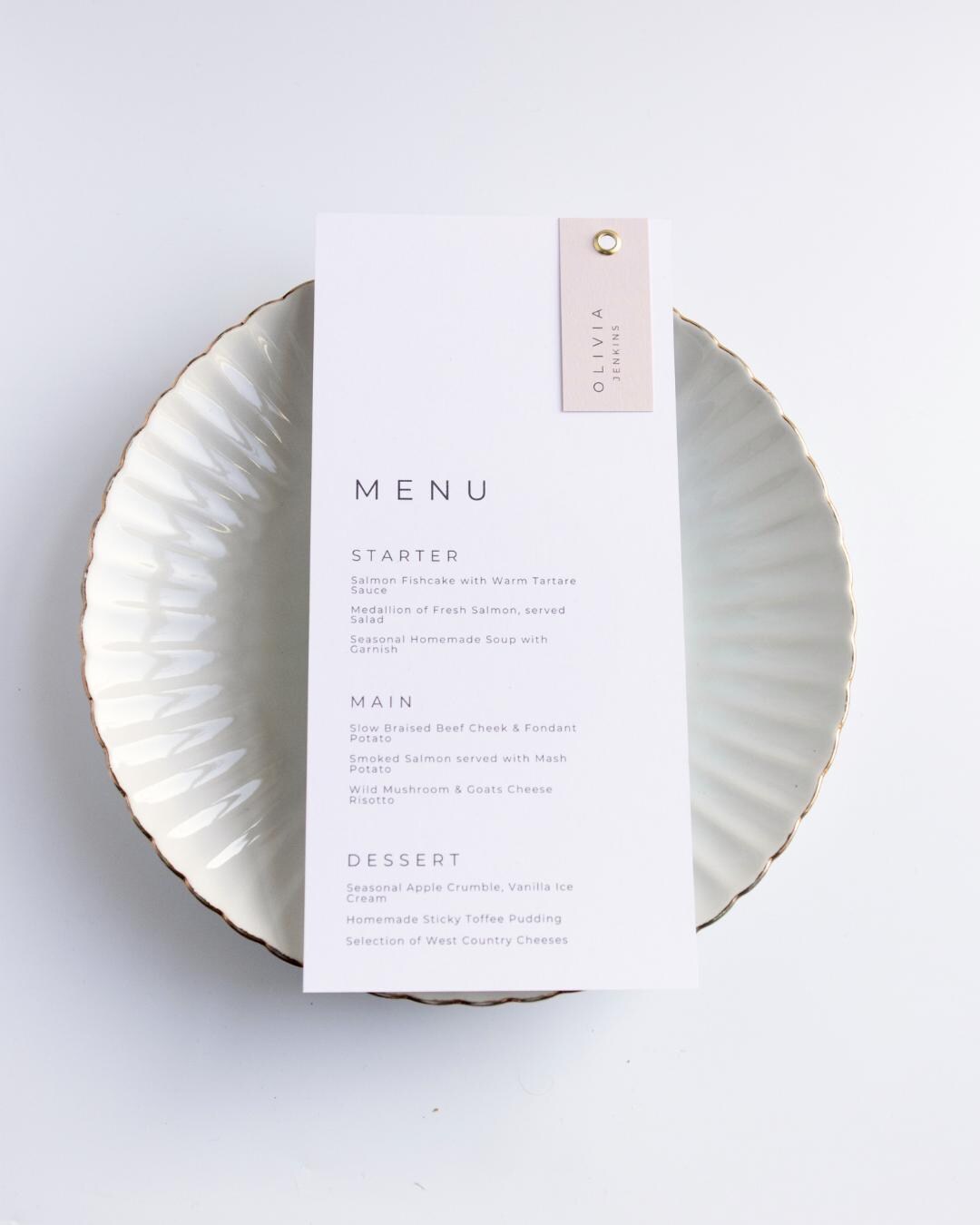 White Wedding Menu With Blush Name Tag – Romantic Menu & Place Card ...
