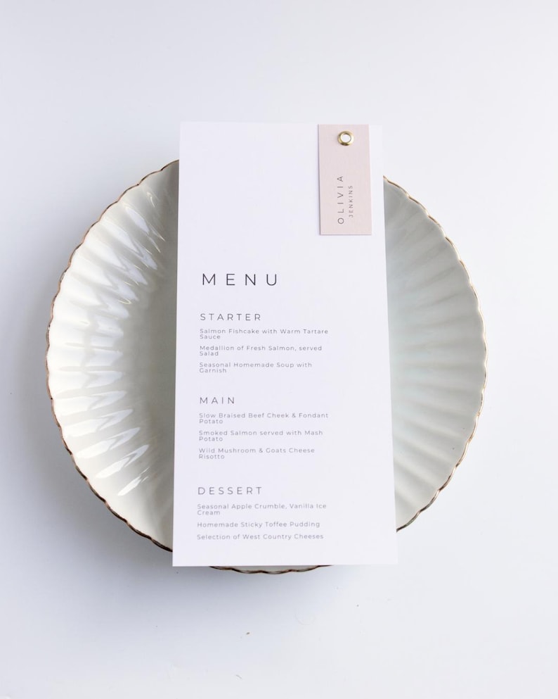 White Wedding Menu With Blush Name Tag – Romantic Menu & Place Card ...