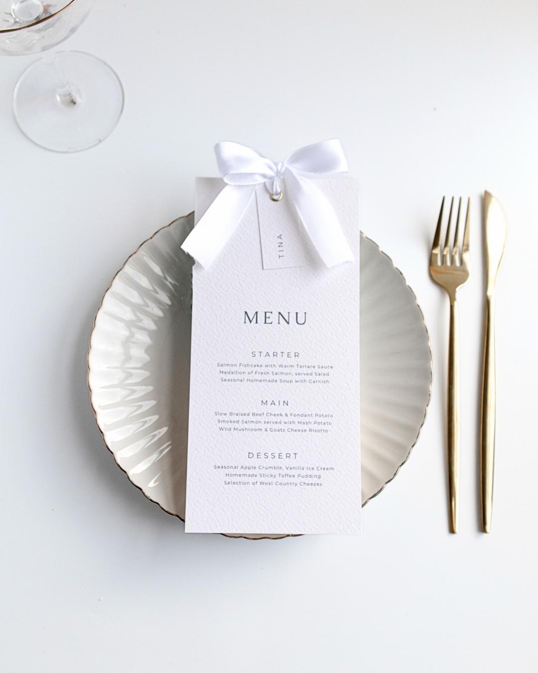 White Ribbon Wedding Menu With Name Tag | White Wedding Menu | Wedding ...