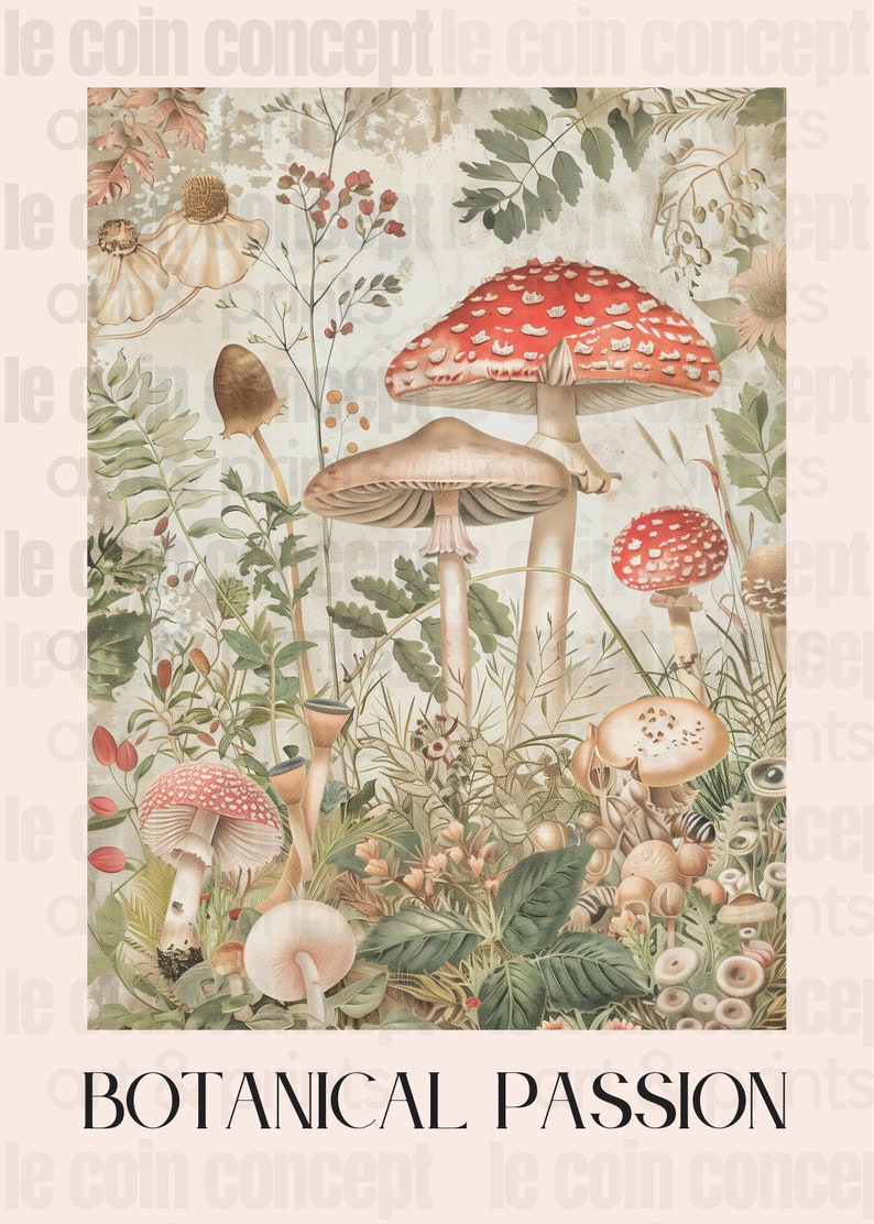 Printable Vintage Mushrooms Botanical Art, Spring Style Print, Vintage ...