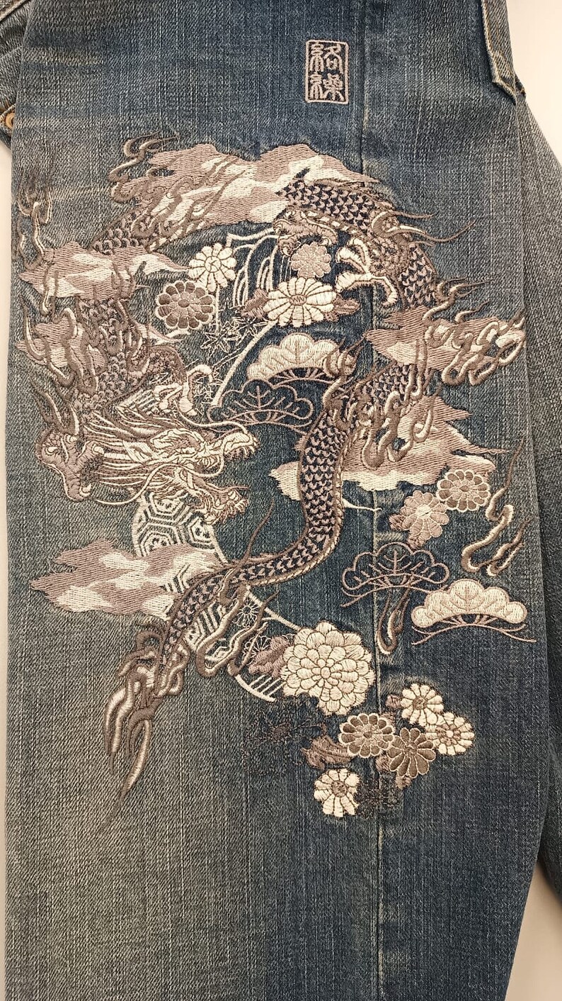 Rare Find Japanese Dragon Embroidery Denim Jean - Etsy