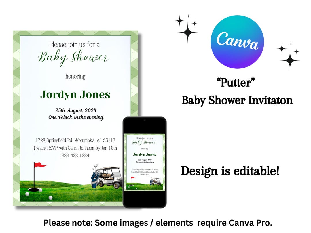 Editable - "baby Putter" Baby Shower Theme Invitation - Canva Template ...