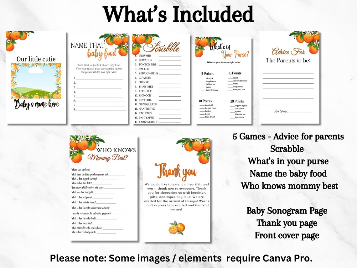 Editable - Orange (cuties) Baby Shower Game Booklet - 8 Pages - Answer ...