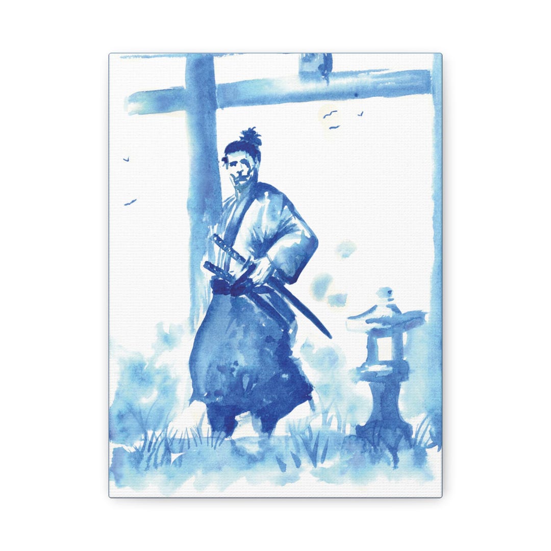 Canvas Wall Art, Blue Samurai Watercolor Painting, Home Decor, Japanese ...