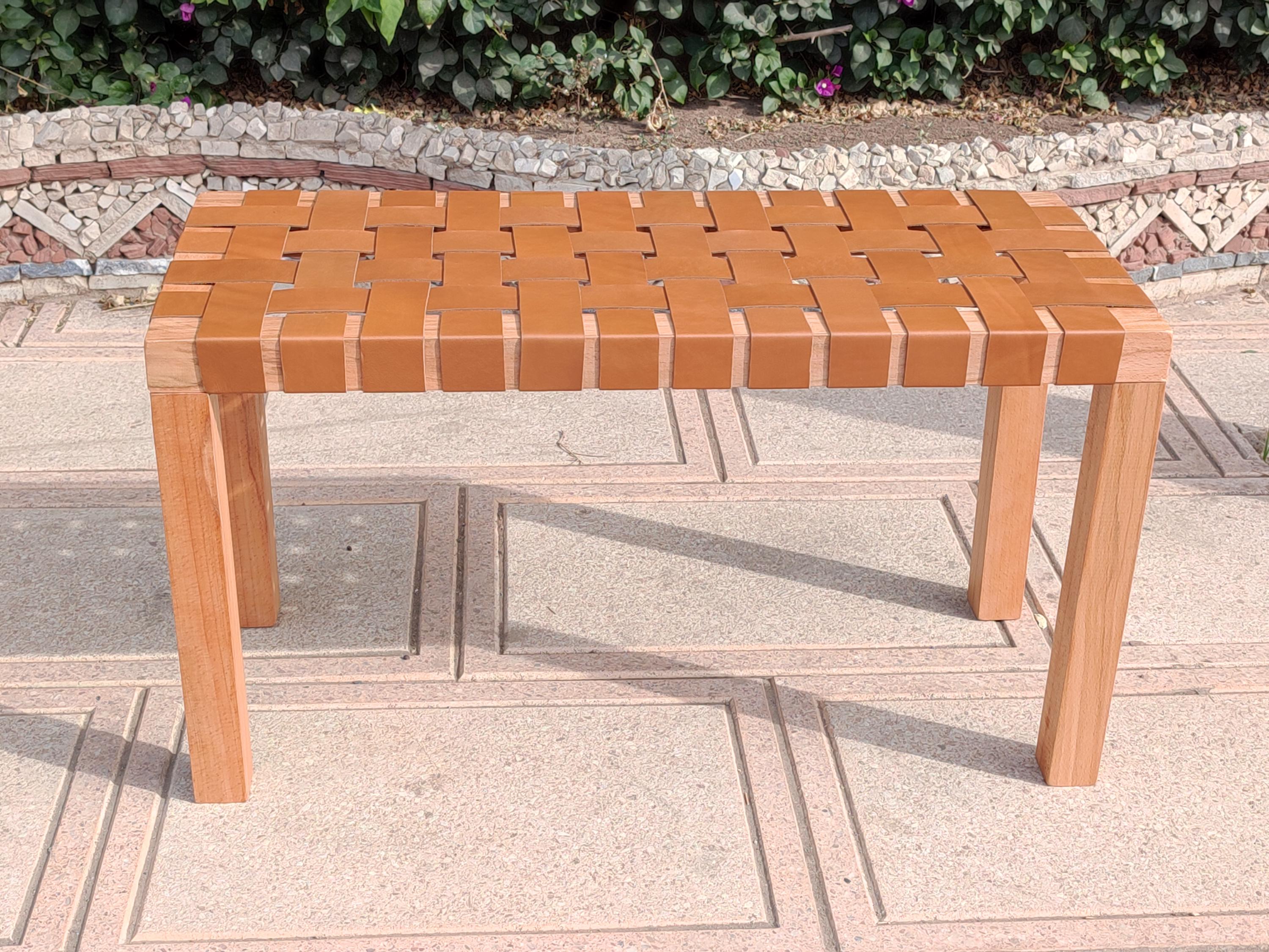 Wood Woven Leather Bench Handwoven Seat Rustic Entryway Furniture ...