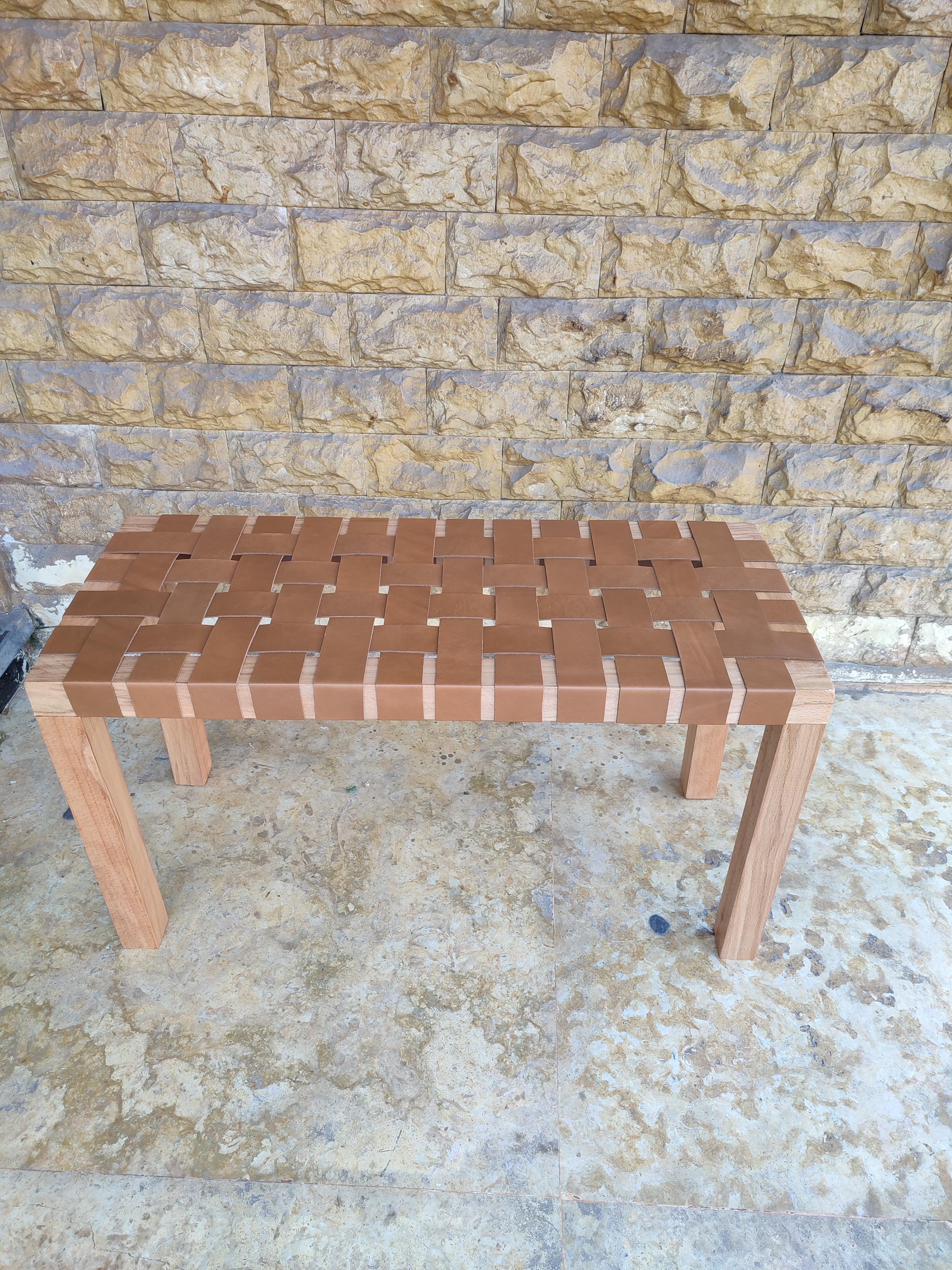 Wood Woven Leather Bench Handwoven Seat Rustic Entryway Furniture ...