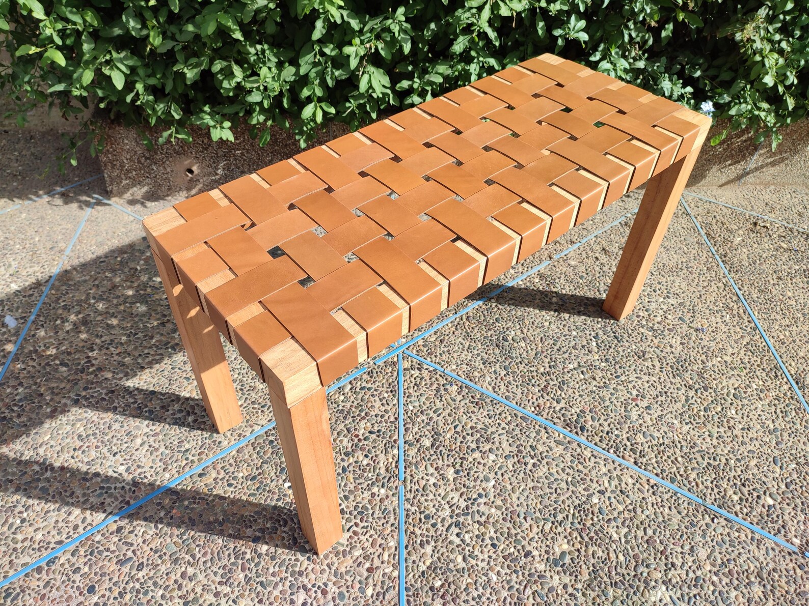 Wood Woven Leather Bench Handwoven Seat Rustic Entryway Furniture ...