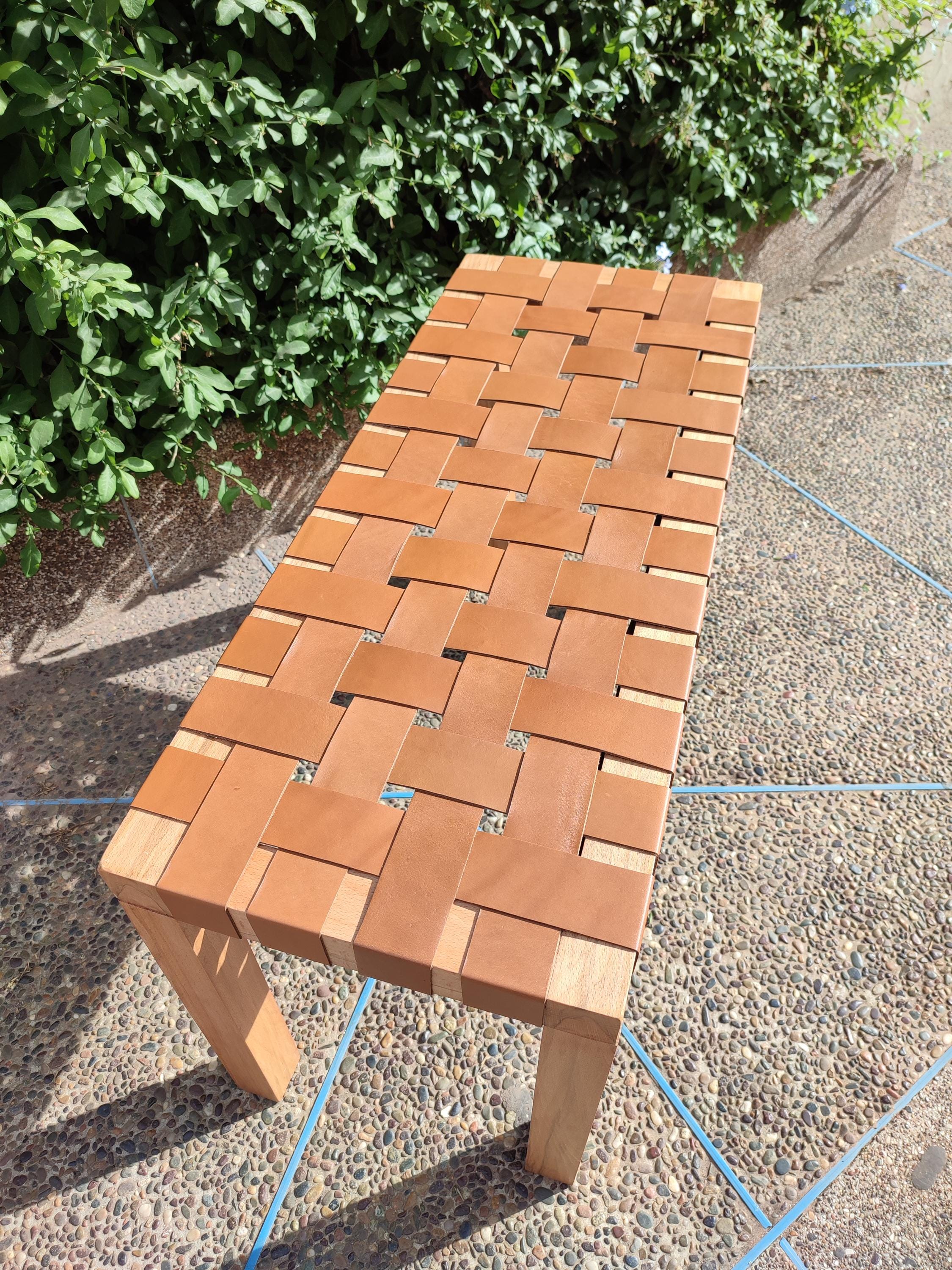 Wood Woven Leather Bench Handwoven Seat Rustic Entryway Furniture ...