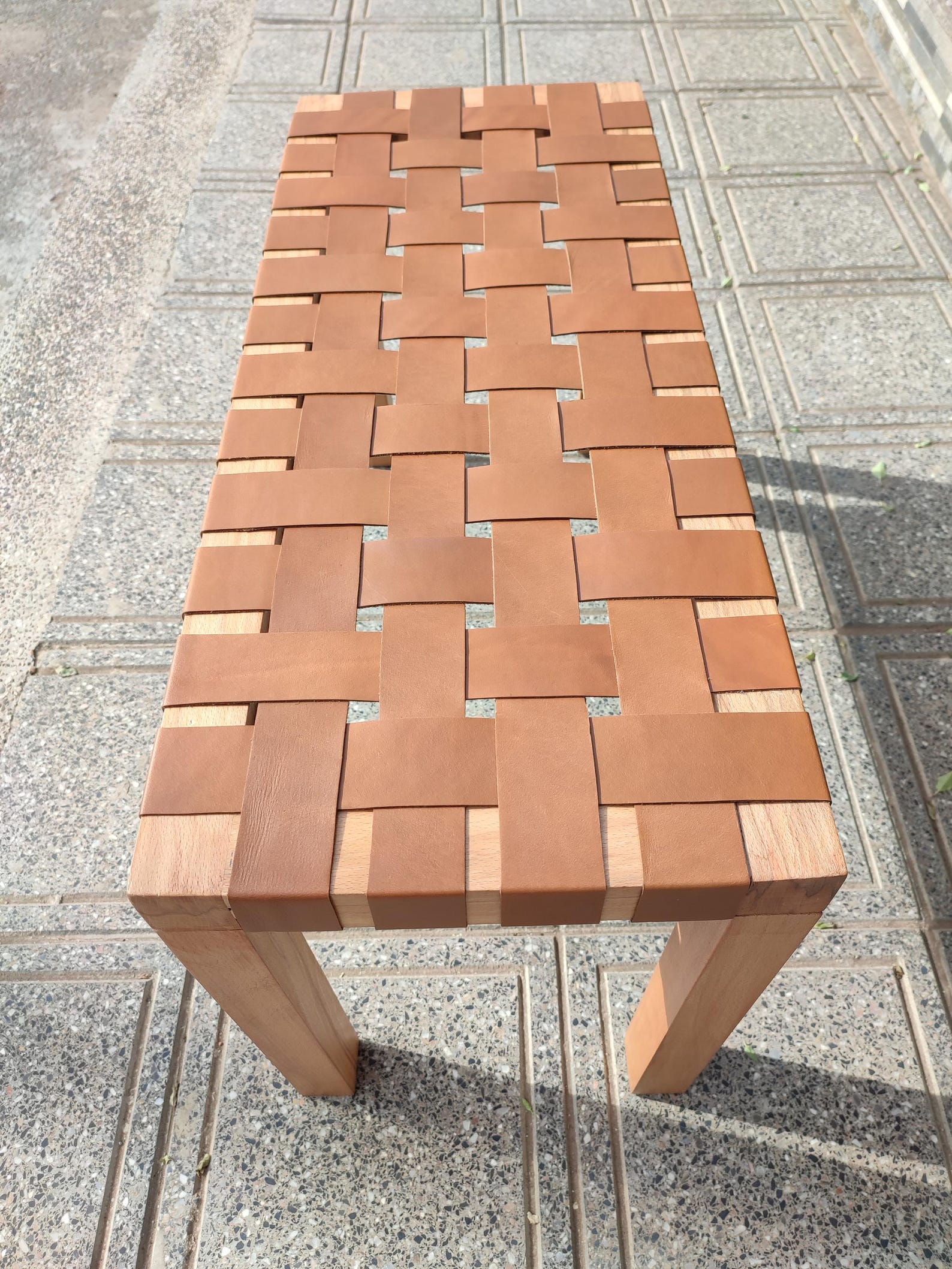 Wood Woven Leather Bench Handwoven Seat Rustic Entryway Furniture ...