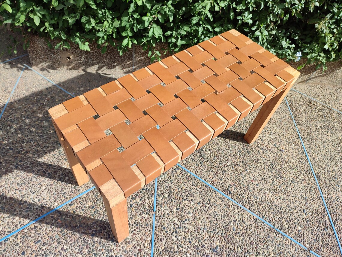 Wood Woven Leather Bench Handwoven Seat Rustic Entryway Furniture ...