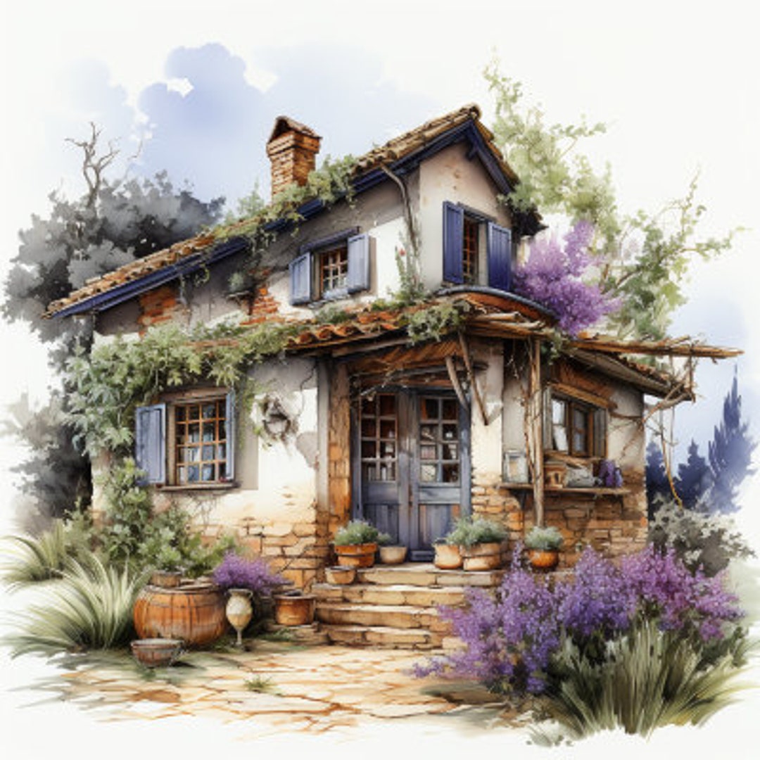 Purple Villa, Country House House Digital Print, Nature Lovers Clipart ...