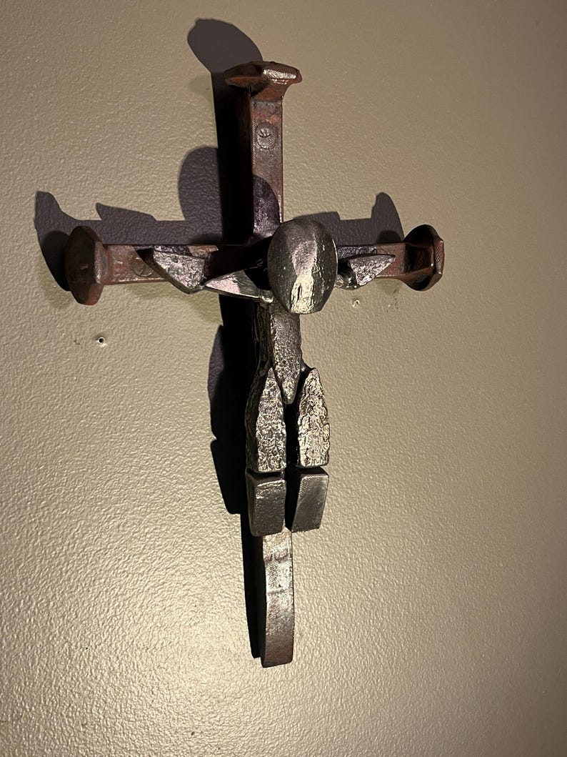 Hand-forged Iron Nail Cross Sculpture - Rustic Industrial Crucifix ...