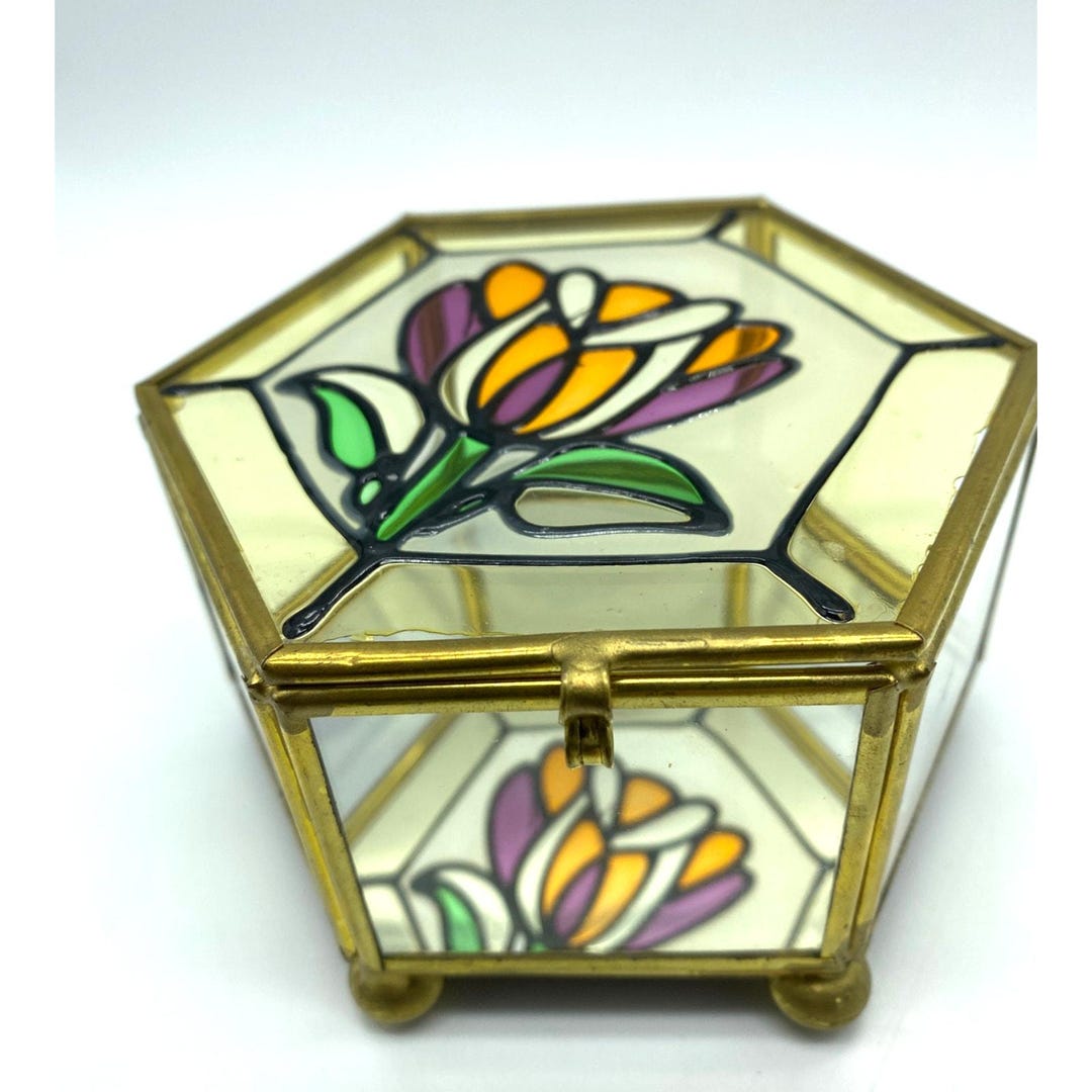 Hexagon Brass and Glass-stained Glass Lid Trinket Box Mirrored Vintage ...